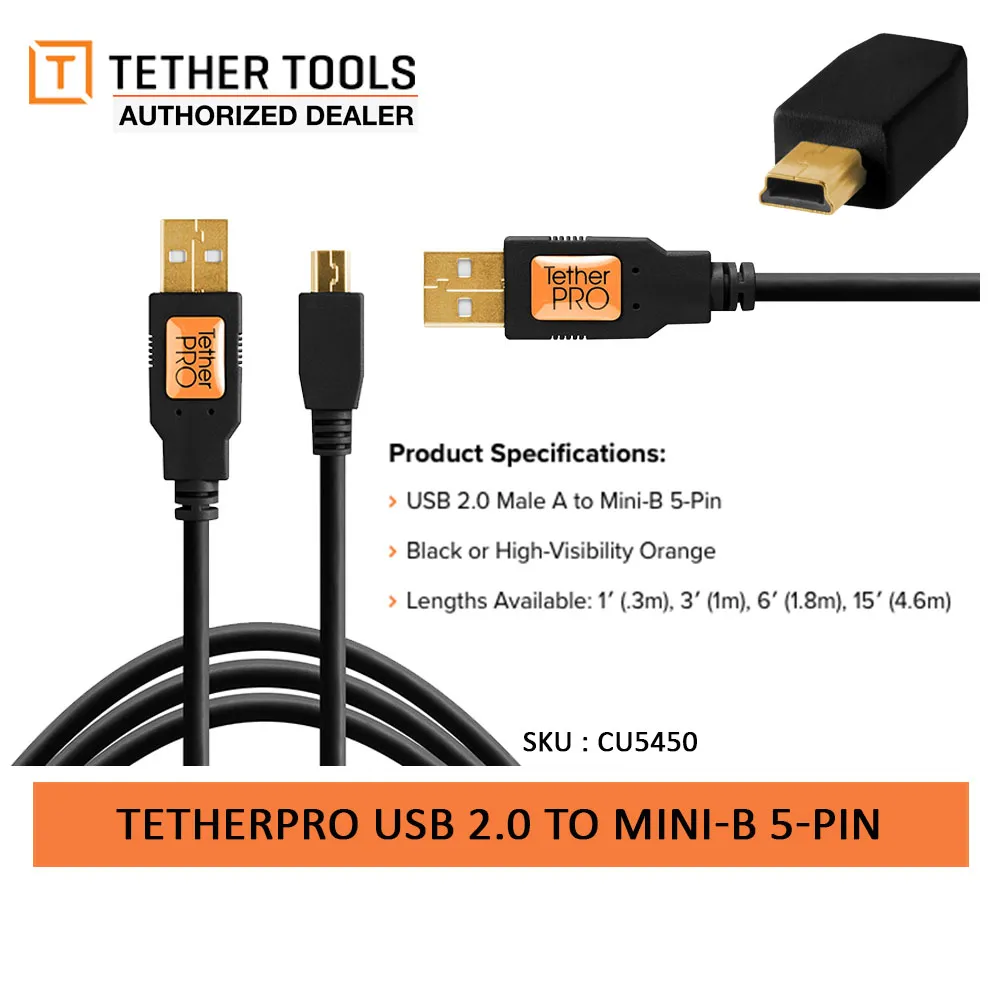 Tether Tools USB 2.0 to Mini B 5 Pin Black (4.6m) CU5450 | Tether ...