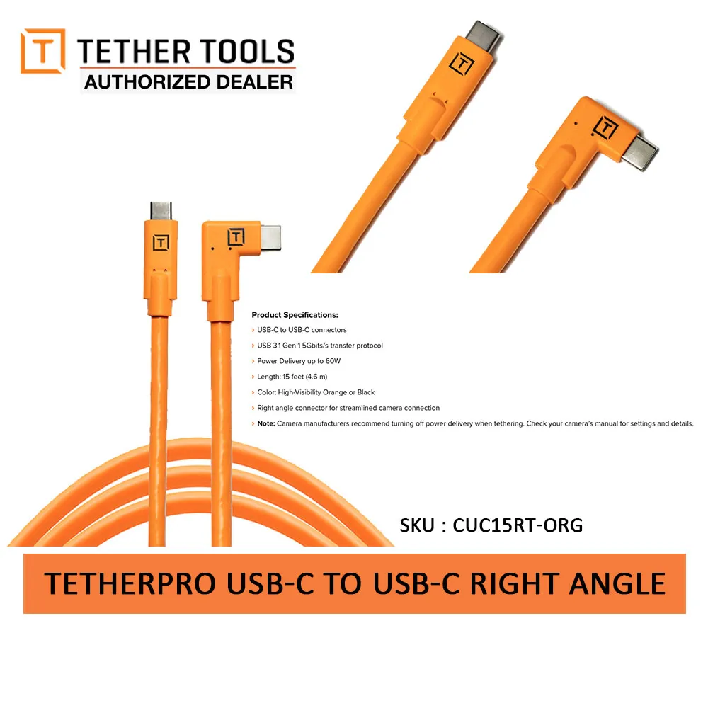 Tether Tools USB C to USB C Right Angle Orange (4.6m) Tether Pro ...