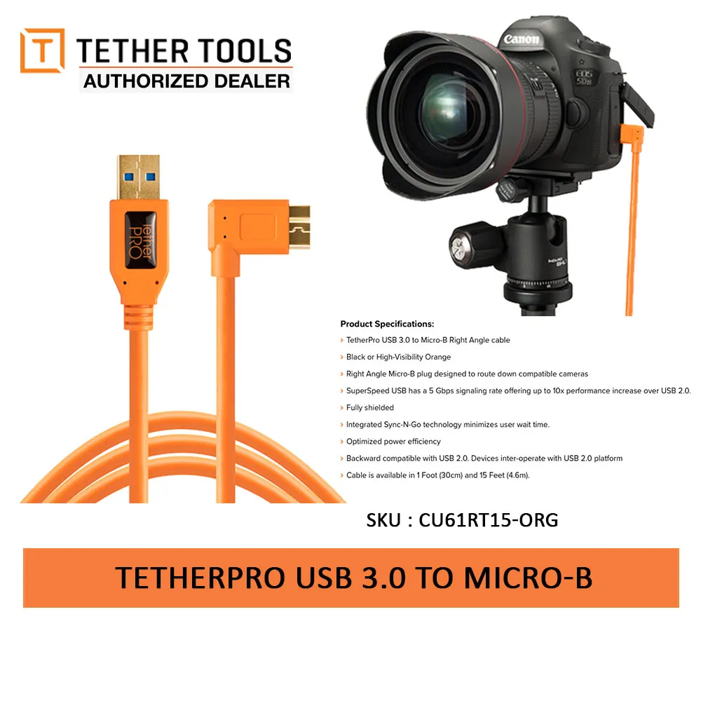 Tether Tools USB 3.0 to Micro-B Right Angle Orange (4.6m) CU61RT15-ORG ...